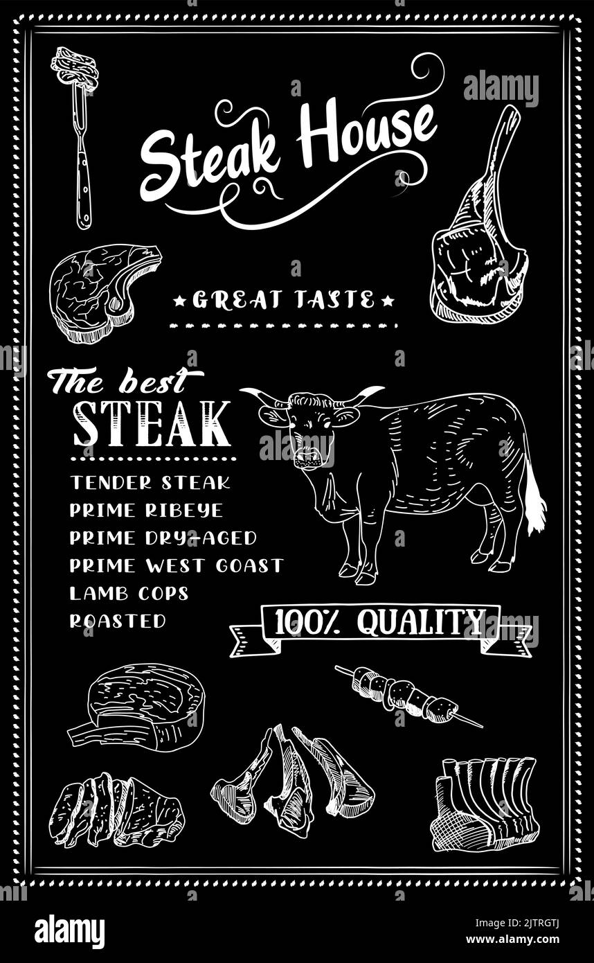 Meat flyer template illustration. Hand drawn illustration. Pieces of ...