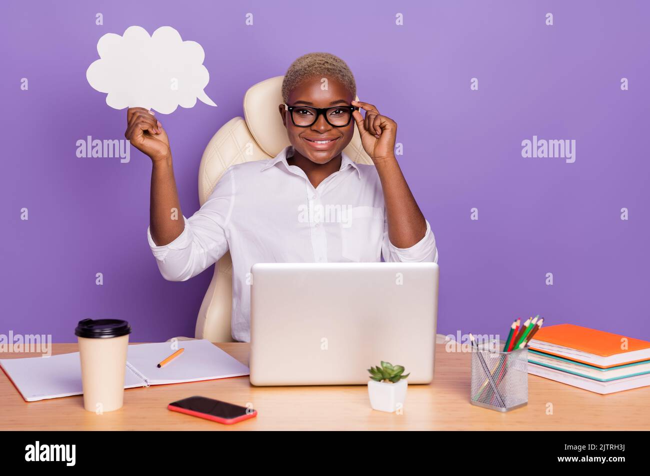 Photo of confident pretty short hair lady wear smart casual look rising ...