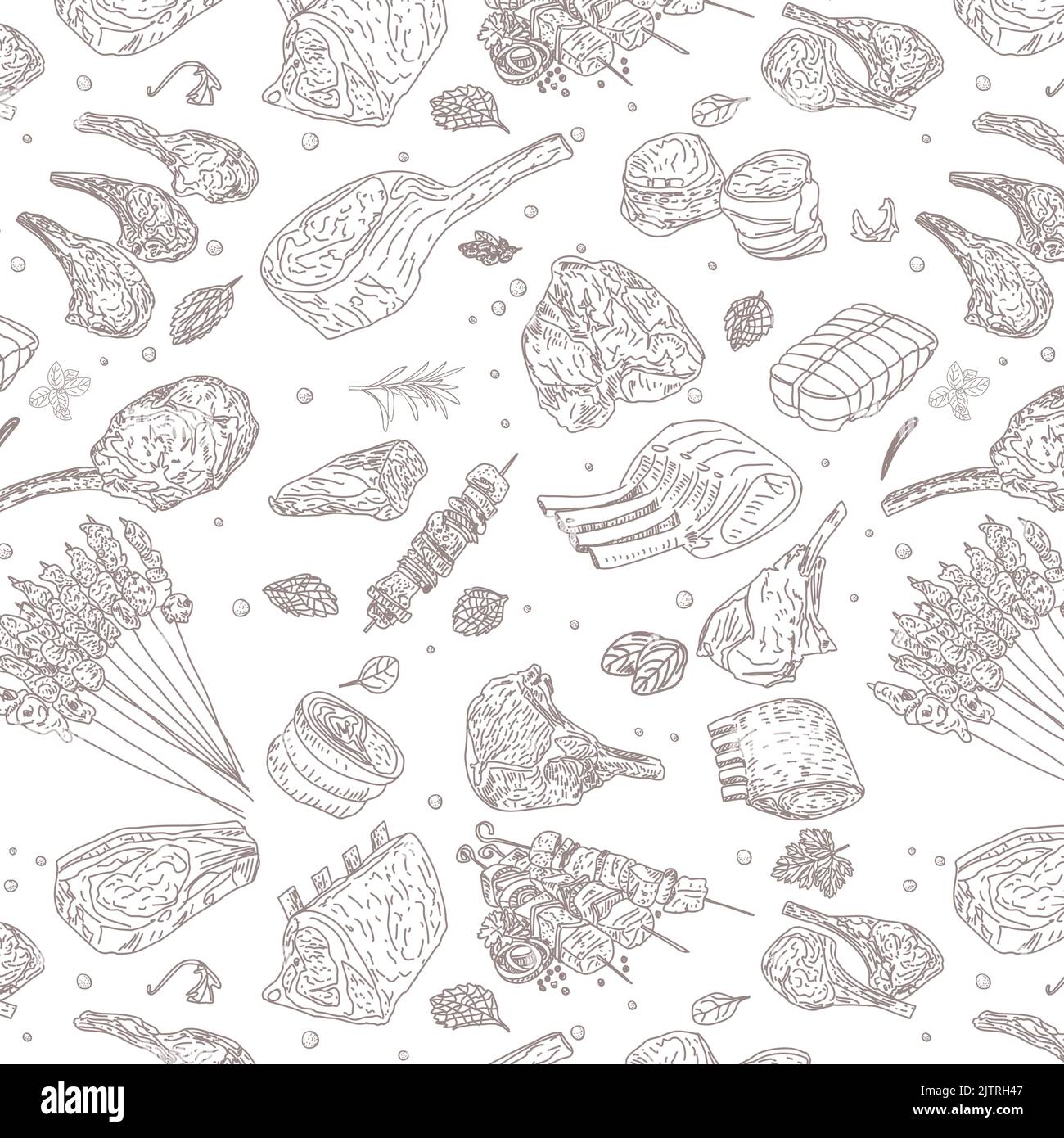 Meat Seamless Pattern Beef Pork Lamb Hand Drawn Vector