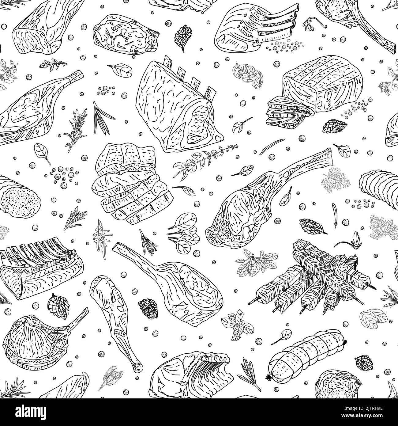 Meat Seamless Pattern Beef Pork Lamb Hand Drawn Vector
