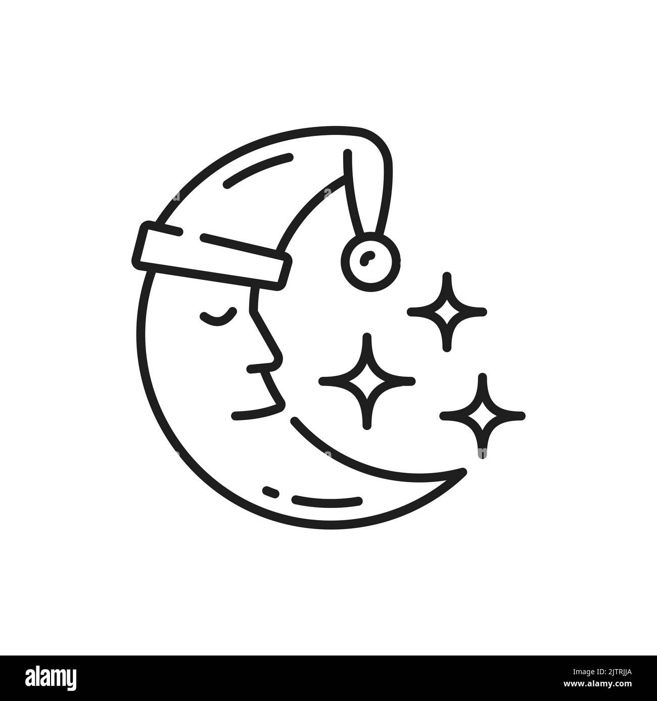 Crescent moon in night hat and stars isolated thin line icon. Vector ...