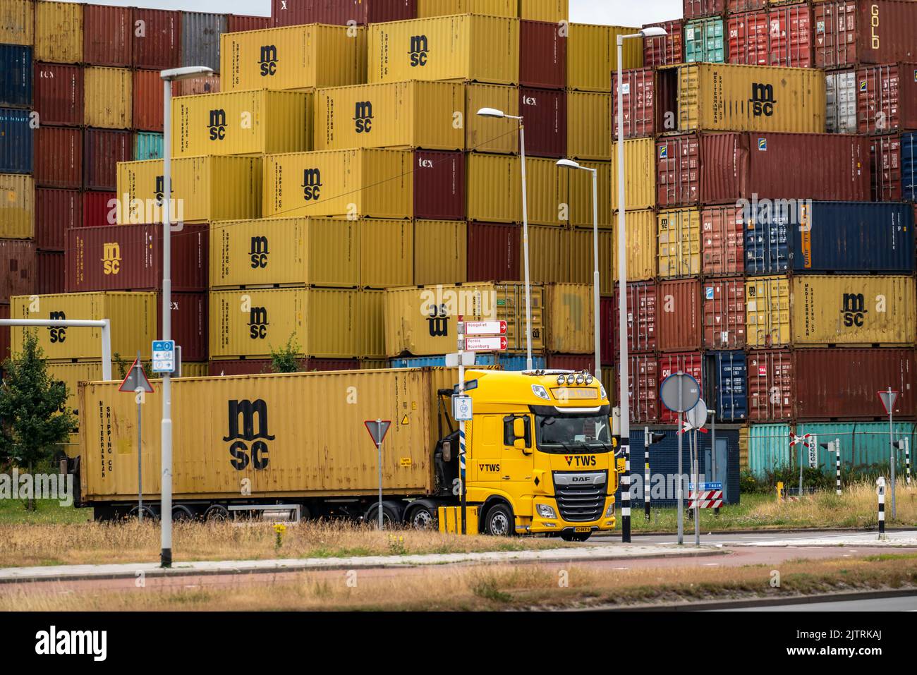 Europoort port, Waalhaven area, large container stack, warehouse, at RST Container Terminal ...