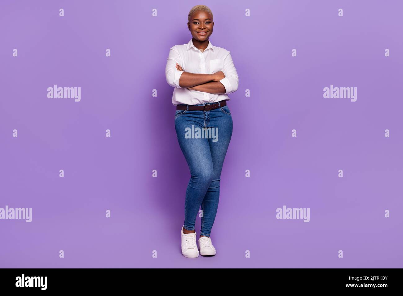 Full length photo of confident charming woman dressed smart casual arms ...