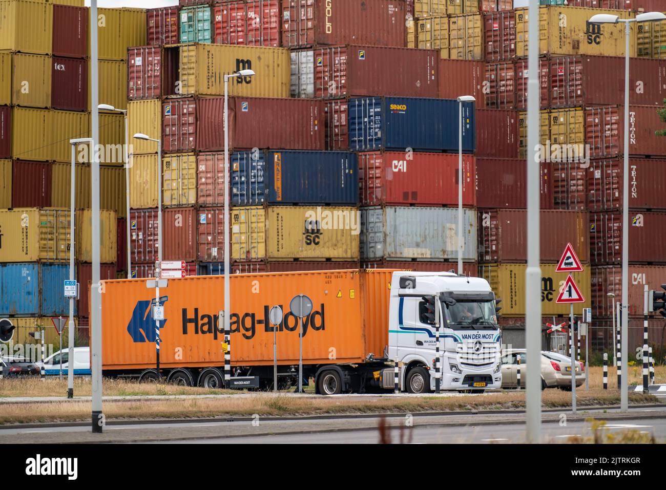 Europoort port, Waalhaven area, large container stack, warehouse, at RST Container Terminal ...