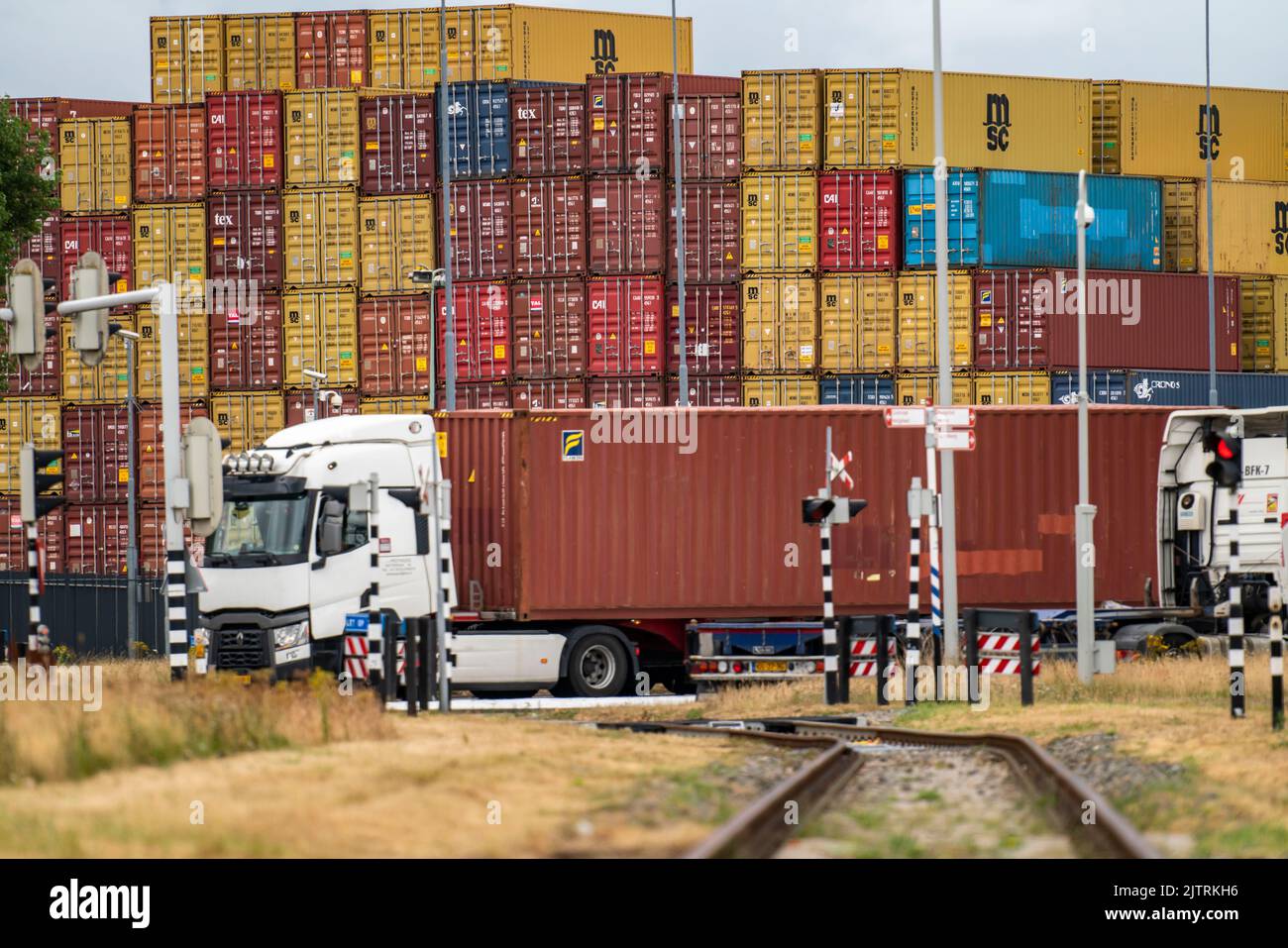 Europoort port, Waalhaven area, large container stack, warehouse, at RST Container Terminal ...