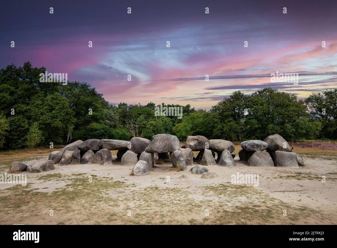 Landscape at sunset with dolmen, D53, in the province of Drenthe, the ...