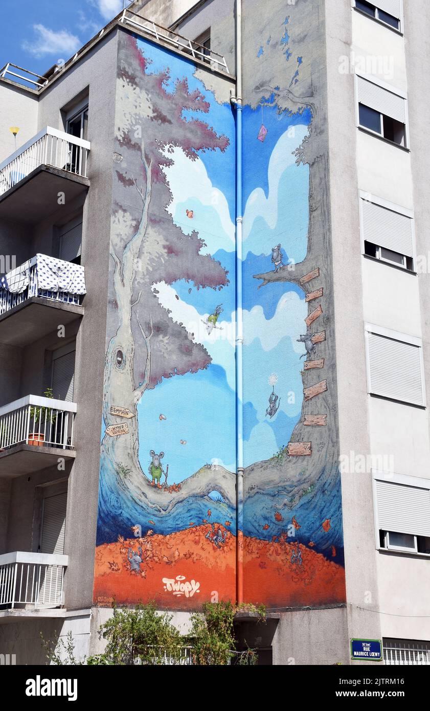 A large mural, by graffiti artist Twopy, on a re-entrant angled ...