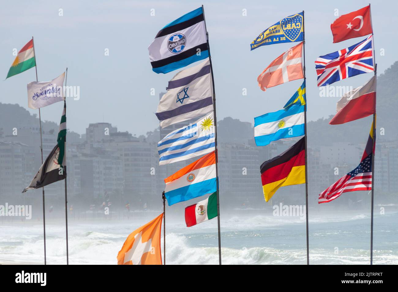 flags of various nations on Copacabana Beach, Brazil - April 5, 2020 ...