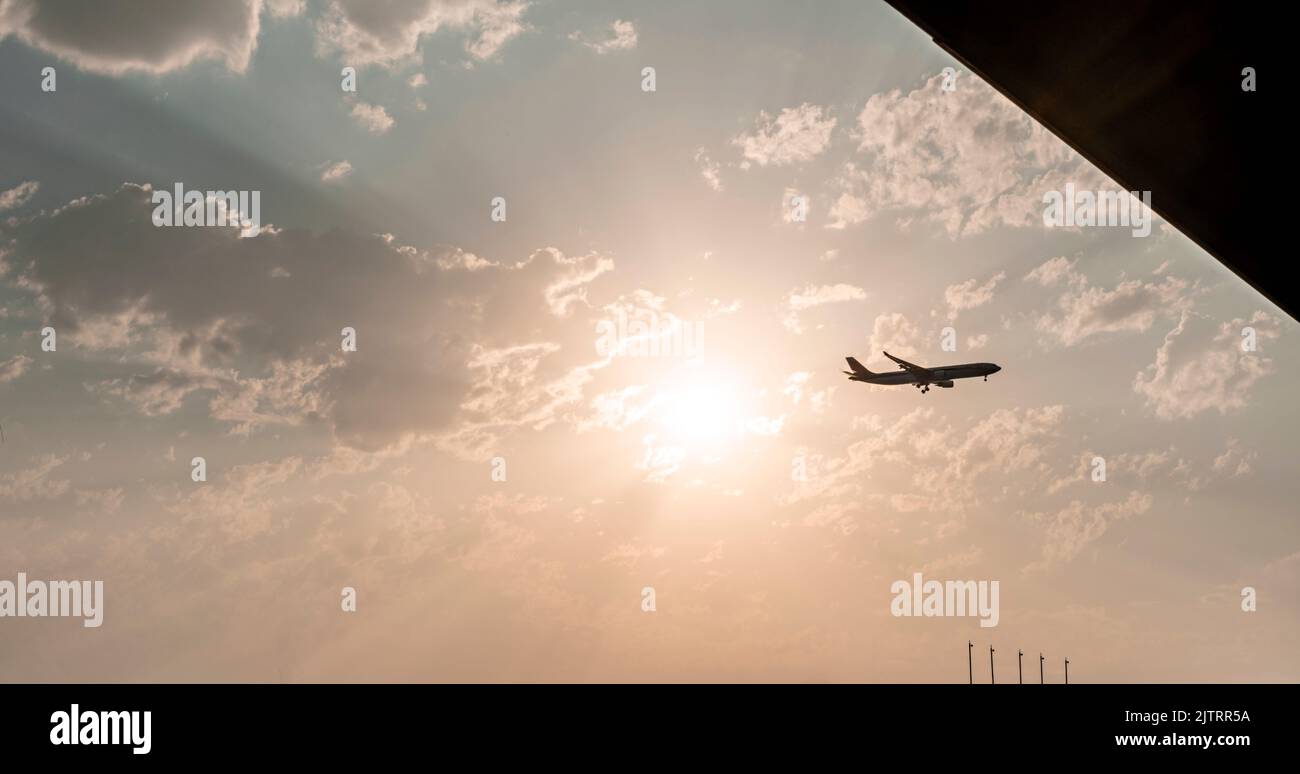 Airplane flying in the sky against the backdrop of beautiful pink ...