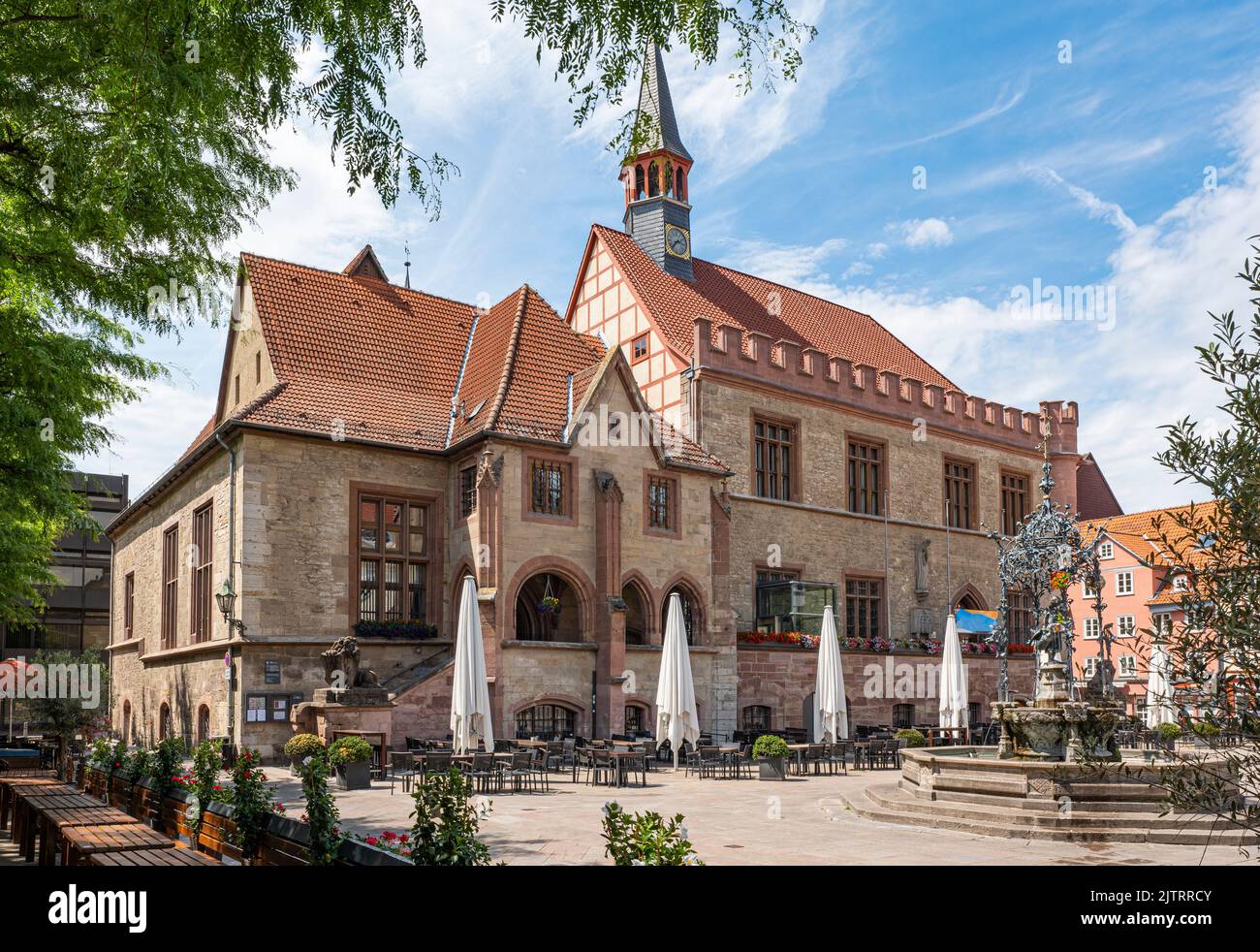 medieval town hall with Gaenseliesel fountain of the university town of ...