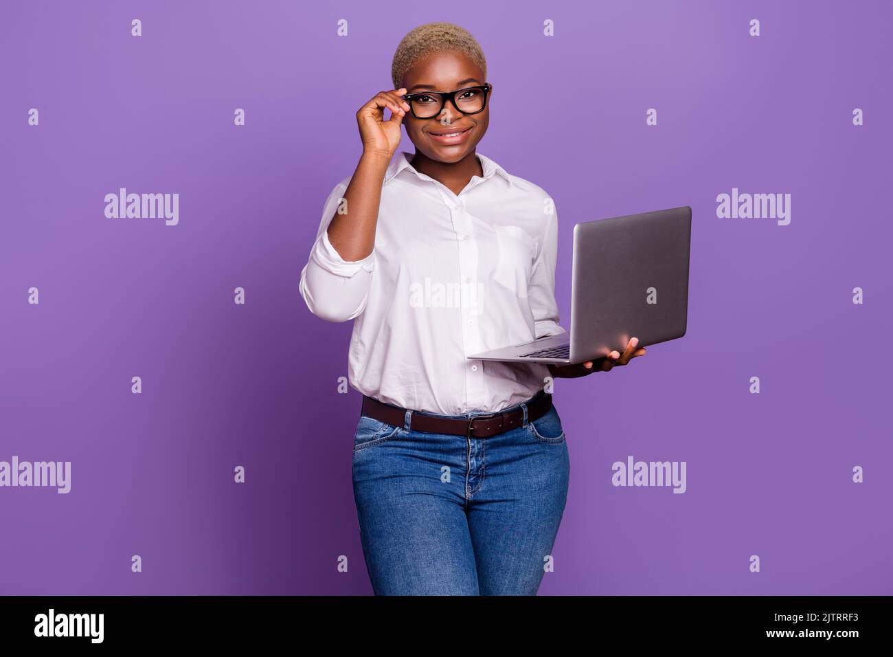 Photo of adorable clever short hair woman dressed smart casual outfit ...