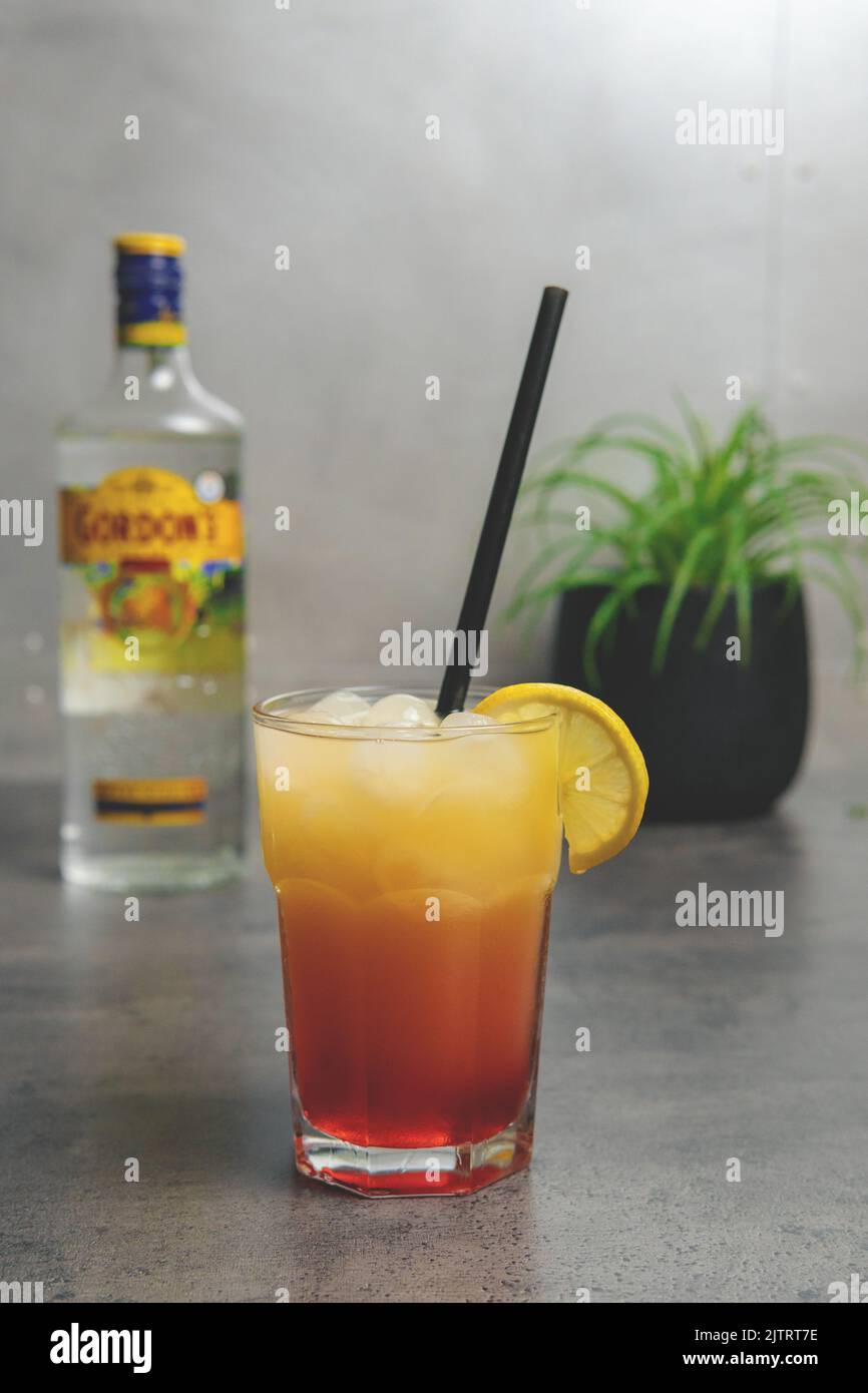 Red and Orange Alcoholic Jin cocktail with Lemon Stock Photo - Alamy
