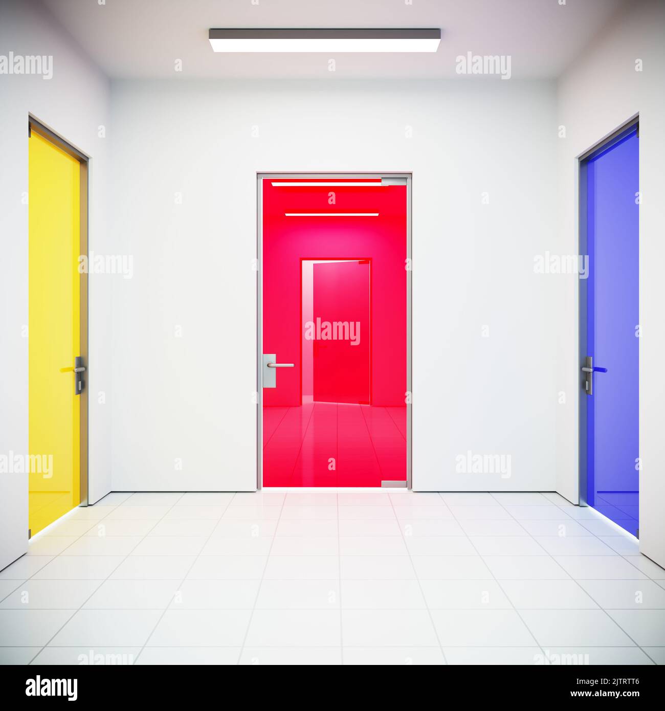 Three glass multicolored doors on white wall Stock Photo - Alamy