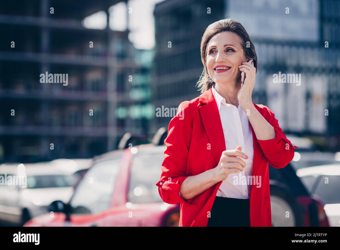 Photo of charming dreamy senior business woman dressed red blazer ...