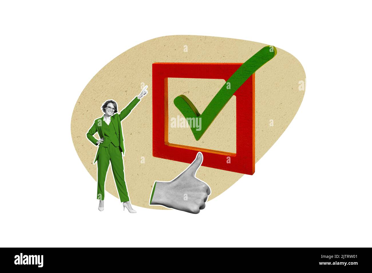 Exclusive minimal magazine sketch collage of businesswoman point big ...