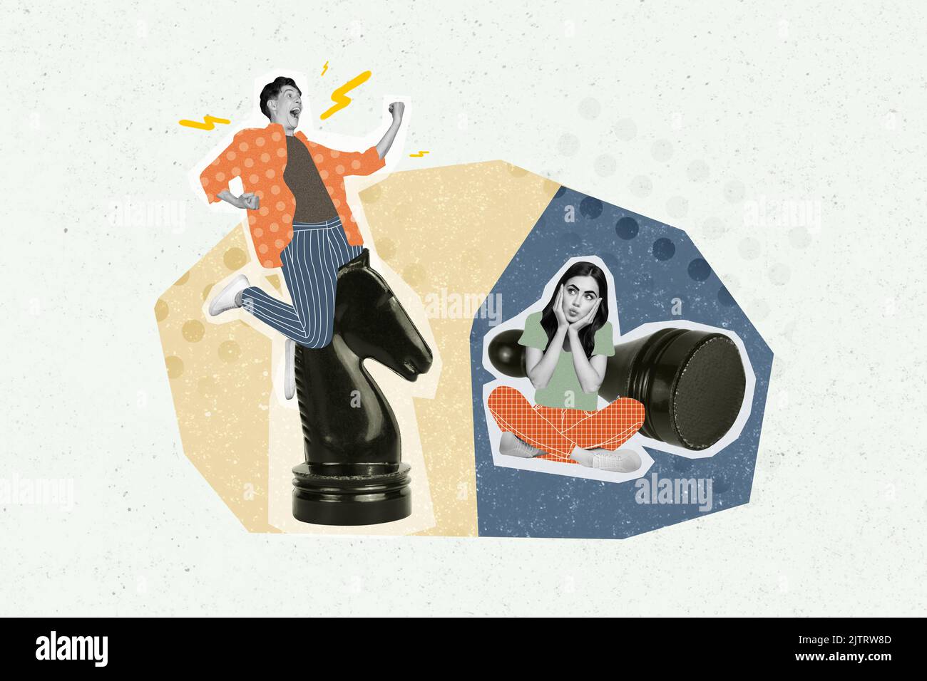 Creative trend collage of man woman playing chess guy sit chessman ...