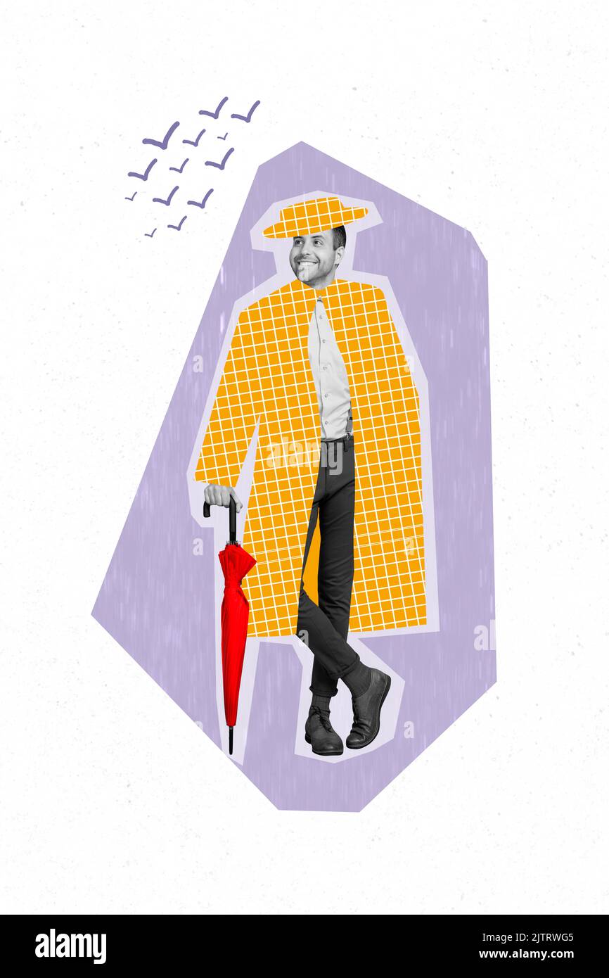 Creative retro 3d magazine image of funny funky guy walking holding ...