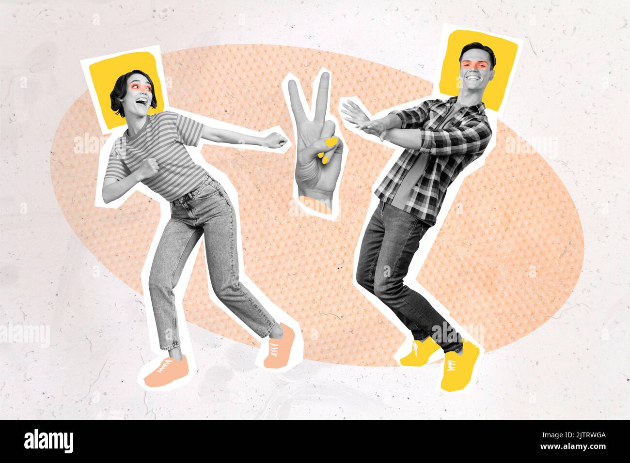 Exclusive minimal magazine sketch collage of man woman dancing smiling ...