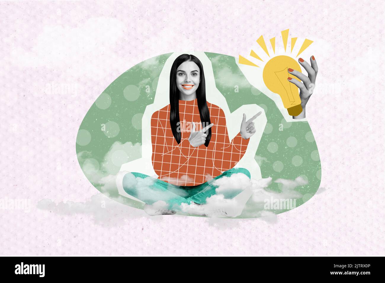 Photo artwork minimal picture of happy smiling lady pointing fingers ...