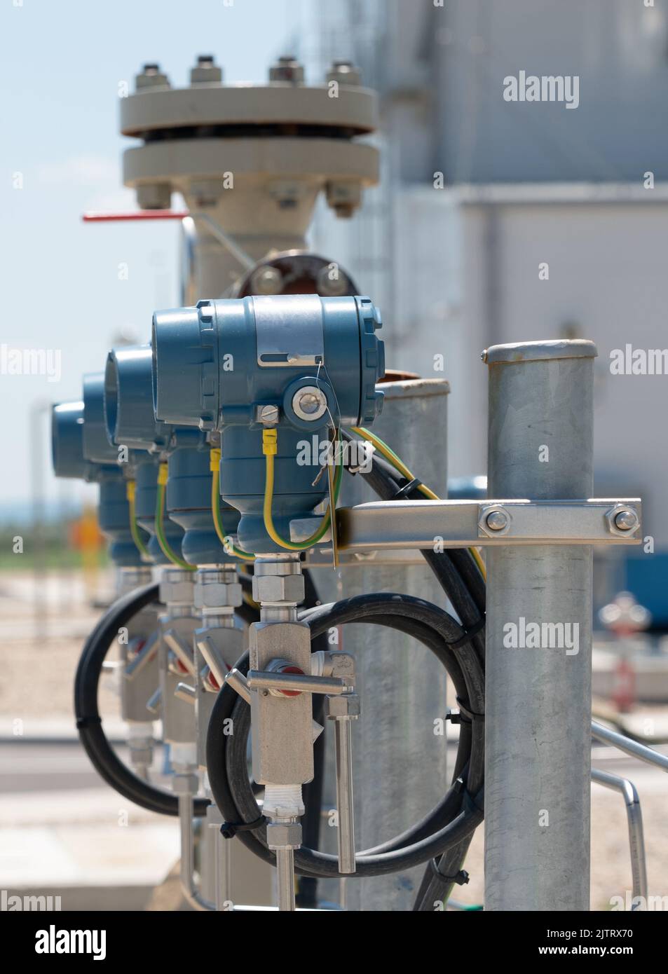 Row of sensors of electronic pressure sensors on gas pipeline equipment ...