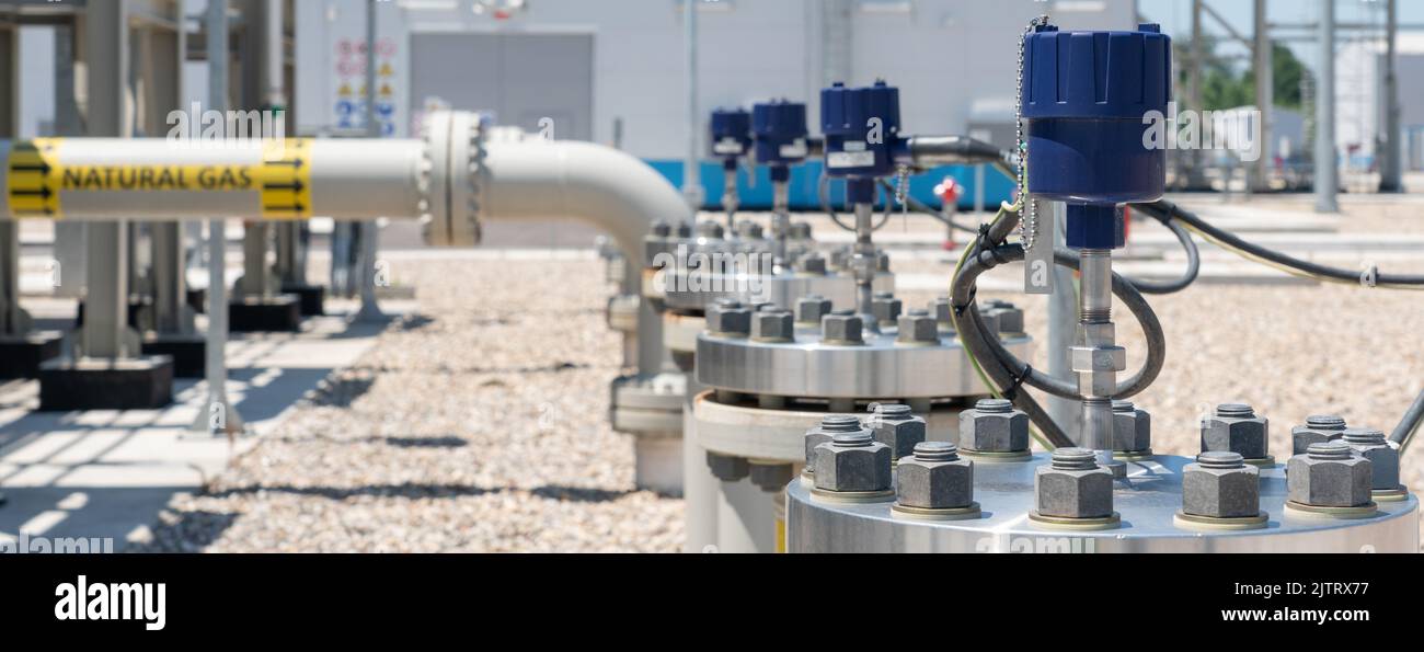 Row of sensors of electronic temperature sensors on gas pipeline ...