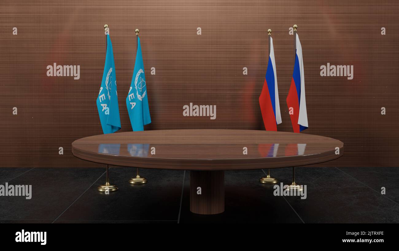 International Atomic Energy Agency IAEA and Russia flags, meeting IAEA ...