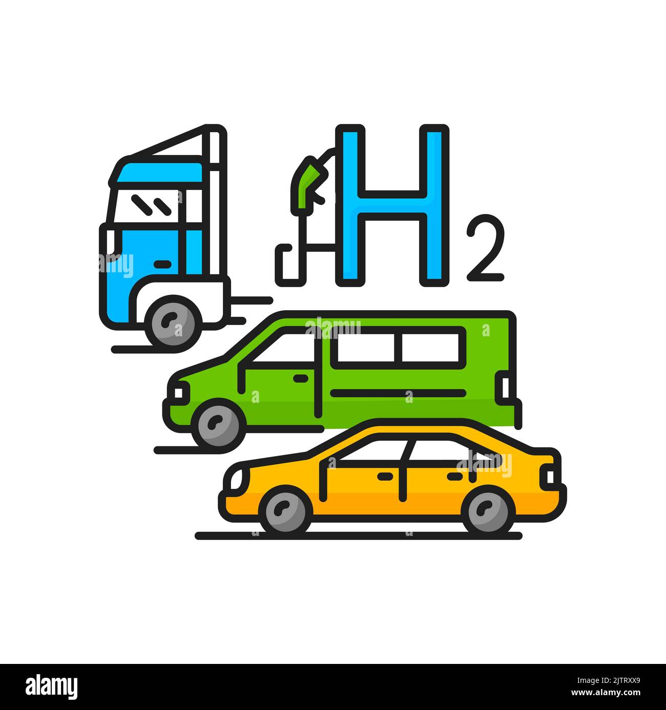 Hydrogen energy in cars, green fuel and H2 power vector color icon ...