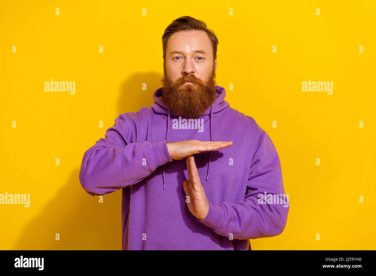Portrait of focused calm person arms demonstrate time out gesture ...