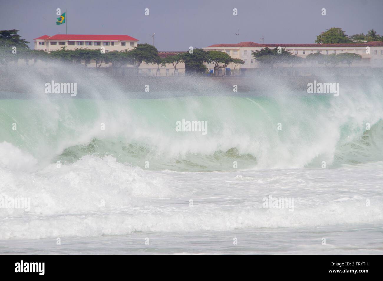 Big waves crashing on Copacabana beach during a big swell that hit the ...