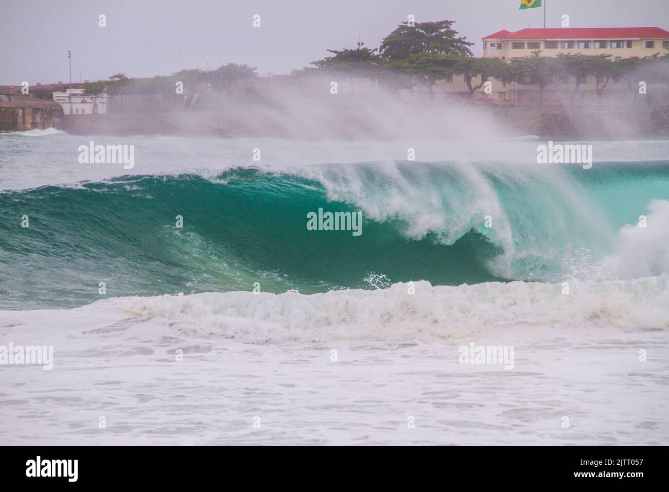 Big waves crashing on Copacabana beach during a big swell that hit the ...