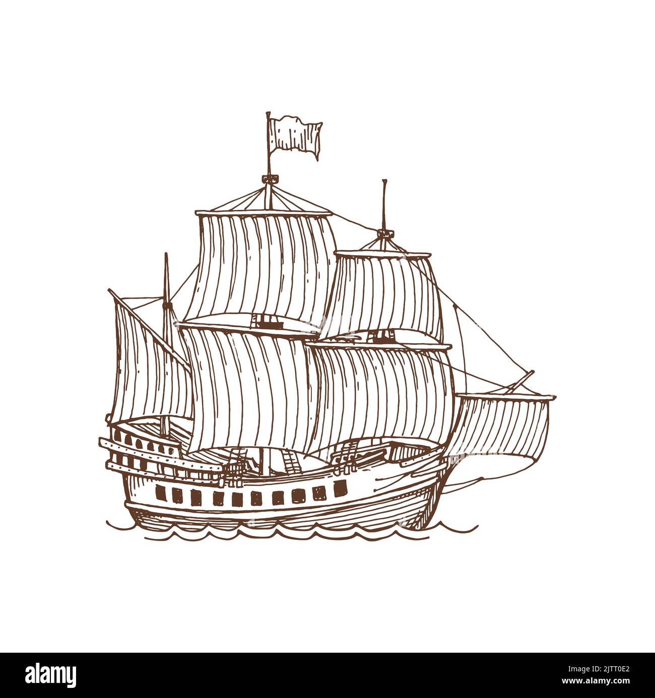 Brigantine vintage sailing ship boat with canvas isolated sketch icon ...