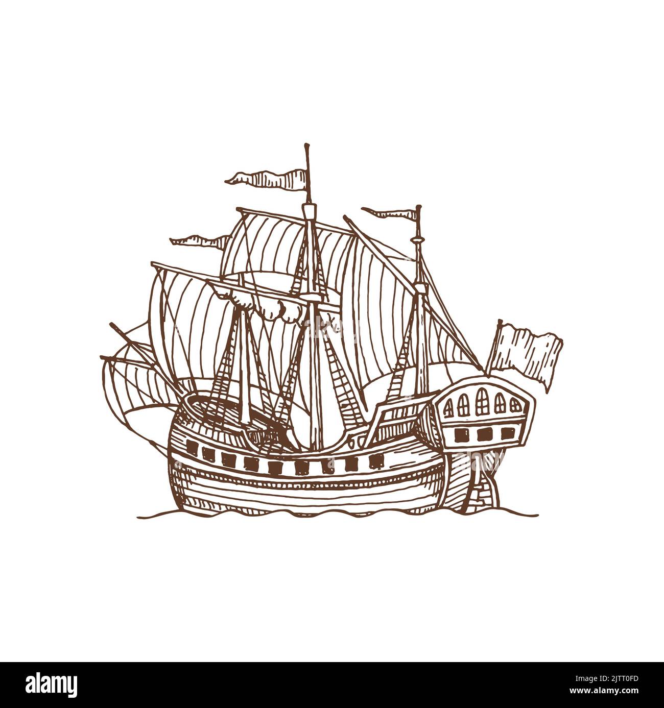 Retro sailing boat with canvas isolated sailboat. Vector marine ...