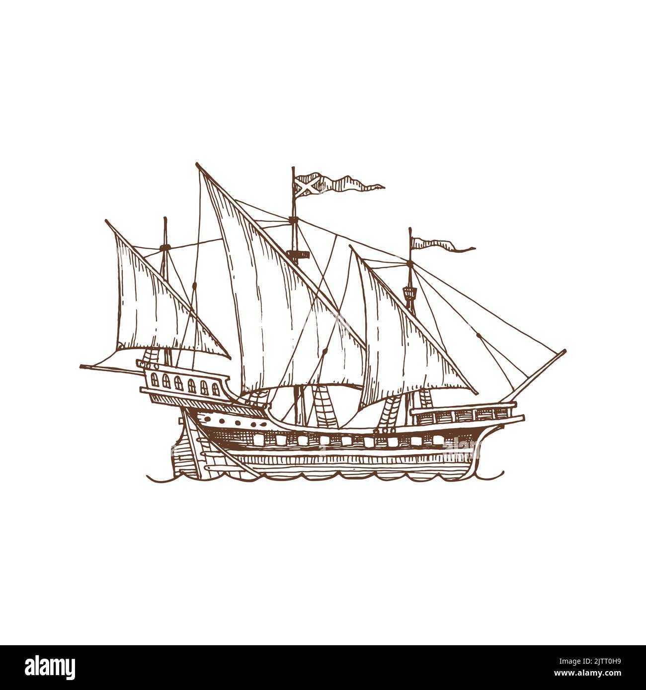 Galleon sailing ship, warship old sailboat vessel isolated sketch icon ...