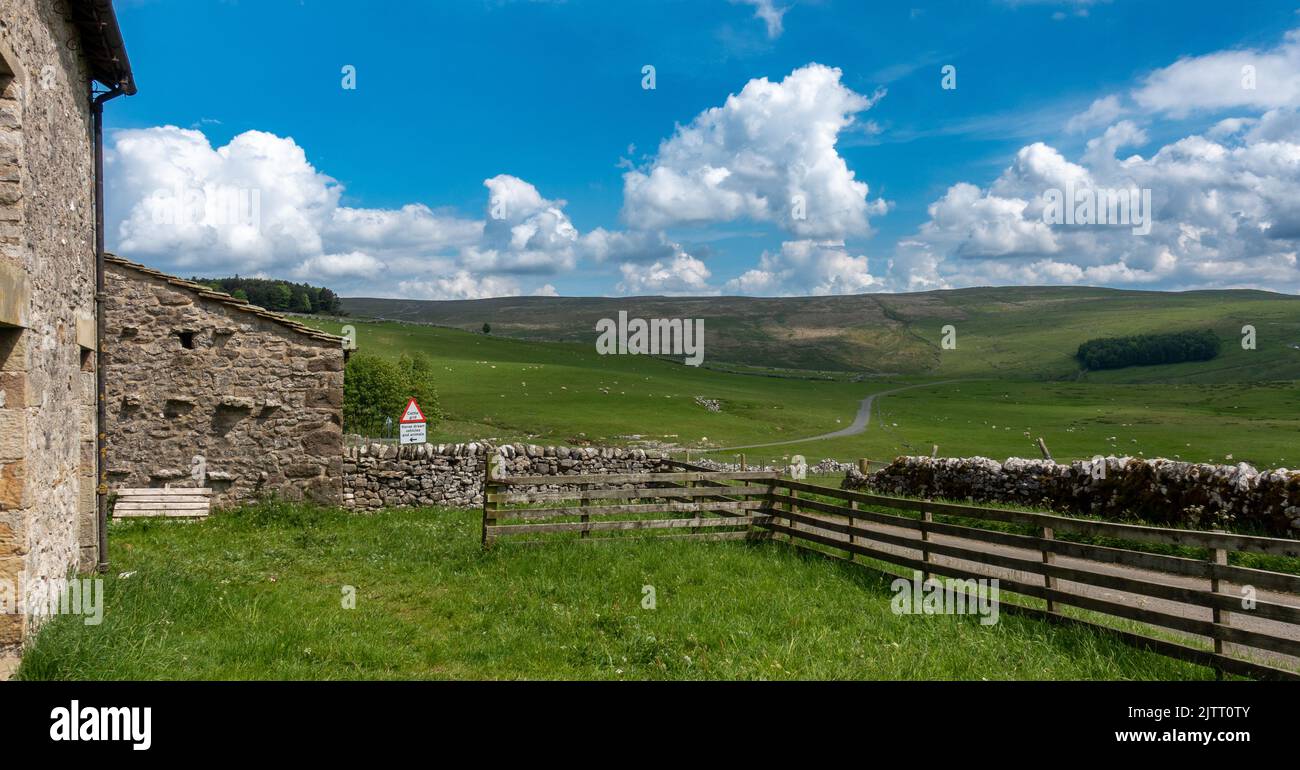 Wide angle panormaic view across Malham Moor from an old stone barn ...