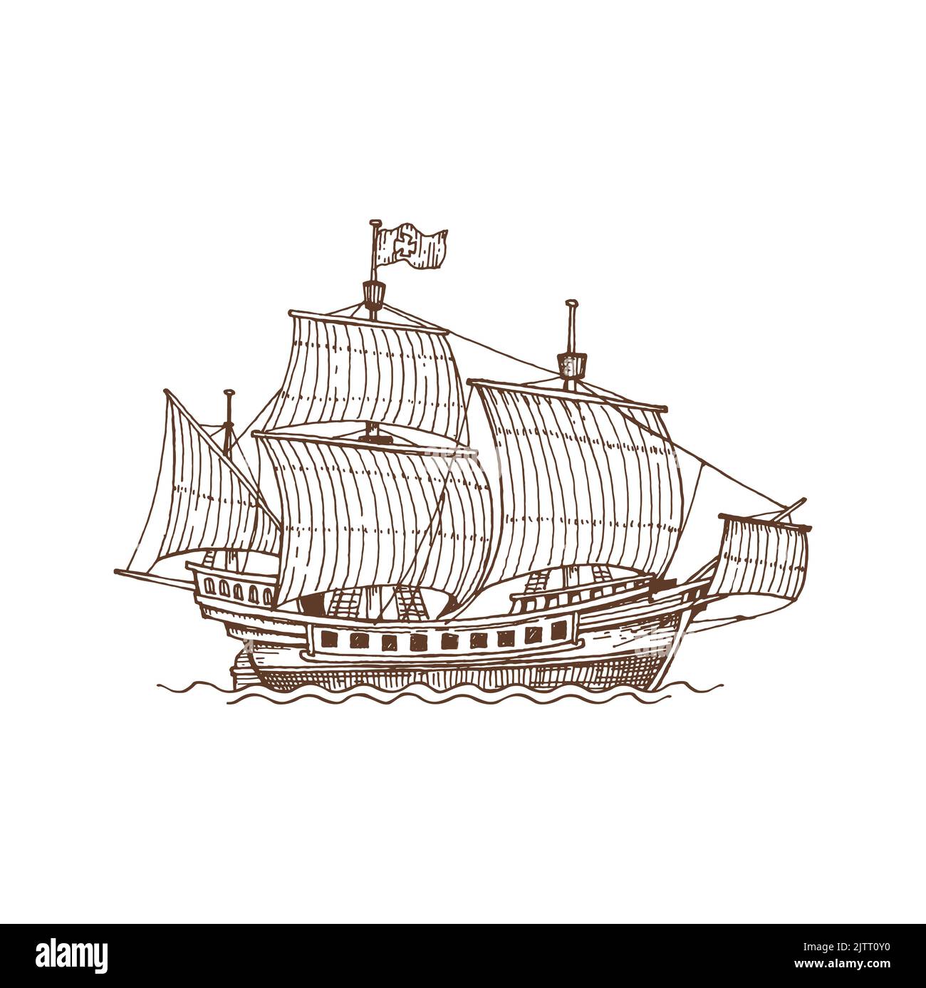 Vintage british warship brigantine sailboat ship on sea ocean waves ...