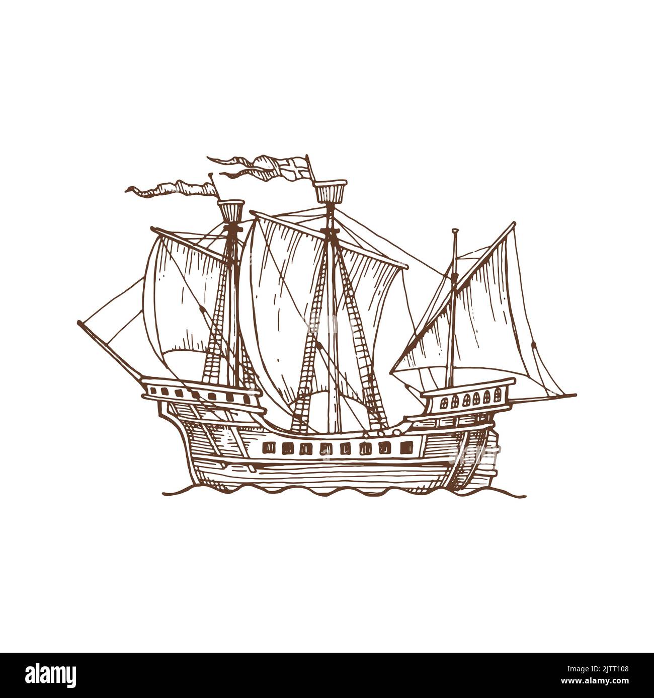 Brigantine sail boat sailboat old vessel in sea sketch icon. Vector ...