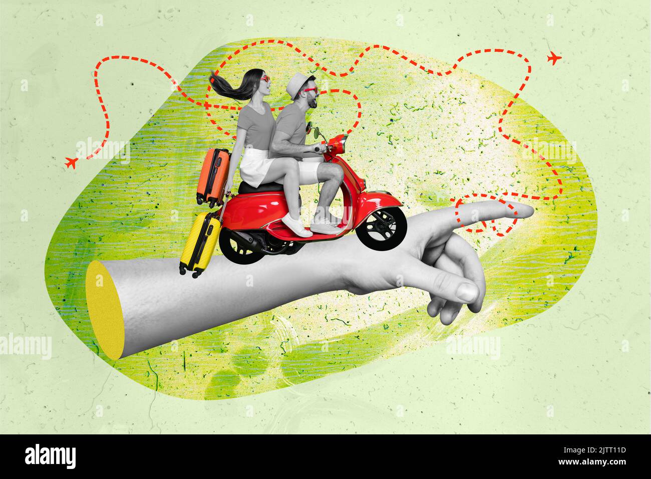 Creative trend collage of man woman couple riding vacation scooter ...