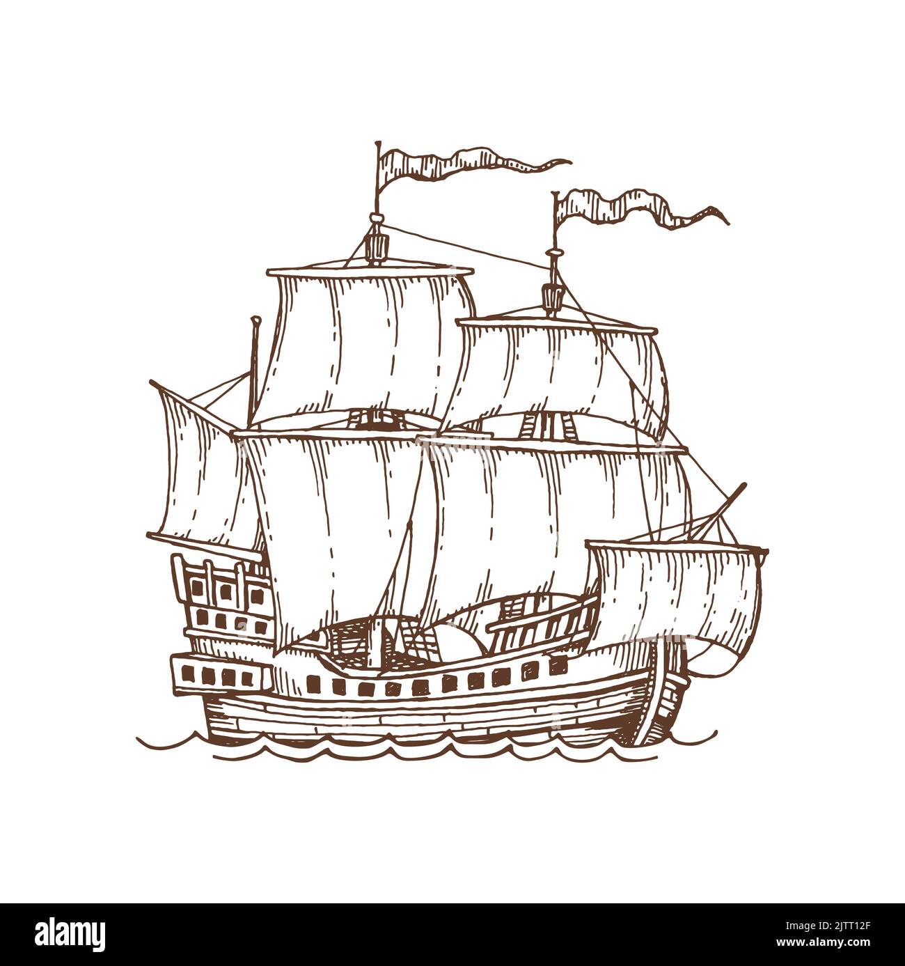 Isolated brigantine, vintage sail ship sailboat vessel sketch icon. Vector nautical vessel ...