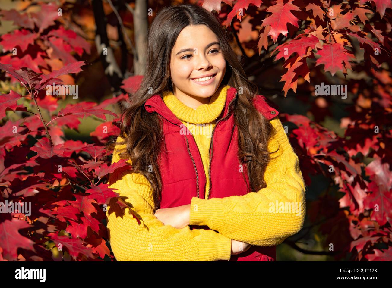 Autumn teen child girl portrait, fall leaves concept. glad child at ...