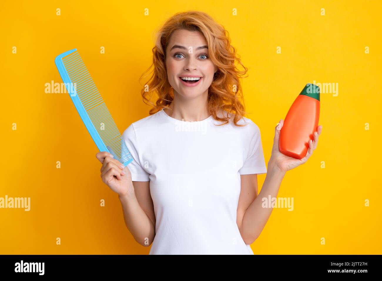 Woman Hold Bottle Shampoo And Conditioner Girl Combing Hair Hairbrush
