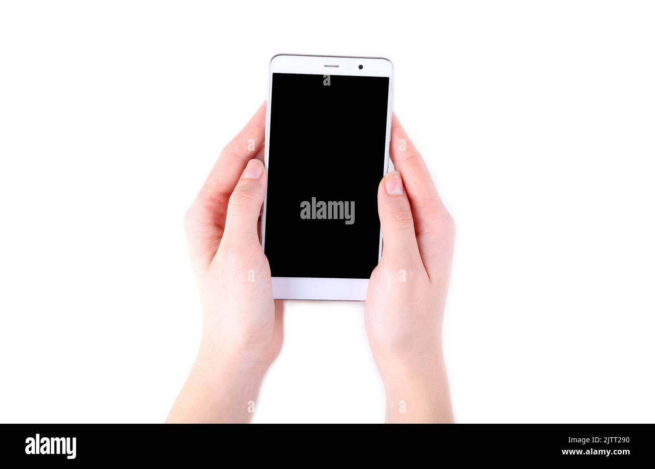 Female Hands Holding Mobile Phone With Blank Screen Isolated On White