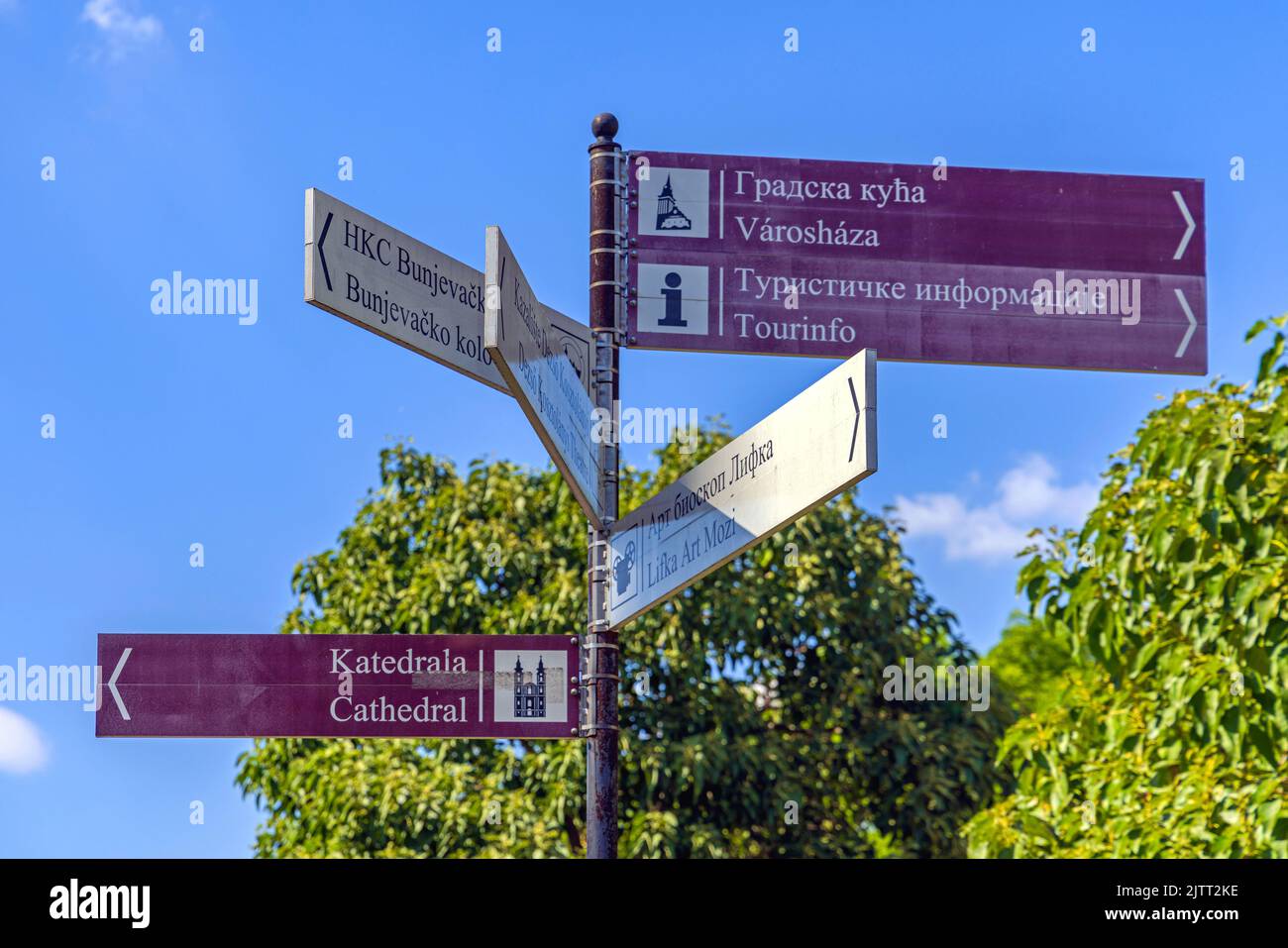 Subotica, Serbia - August 01, 2022: Tourist Attractions Info Direction Arrows at Pole Summer Day ...