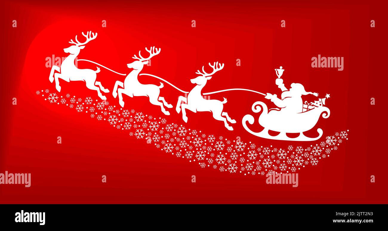 Santa Claus silhouette flying over snowflakes in sleigh full of gifts ...