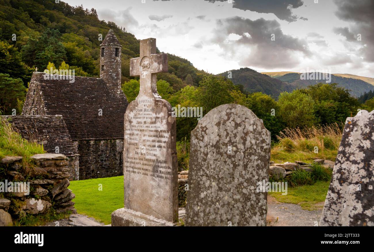 Stone roof and round tower of St. Kevins KItchen in Glendalough ...