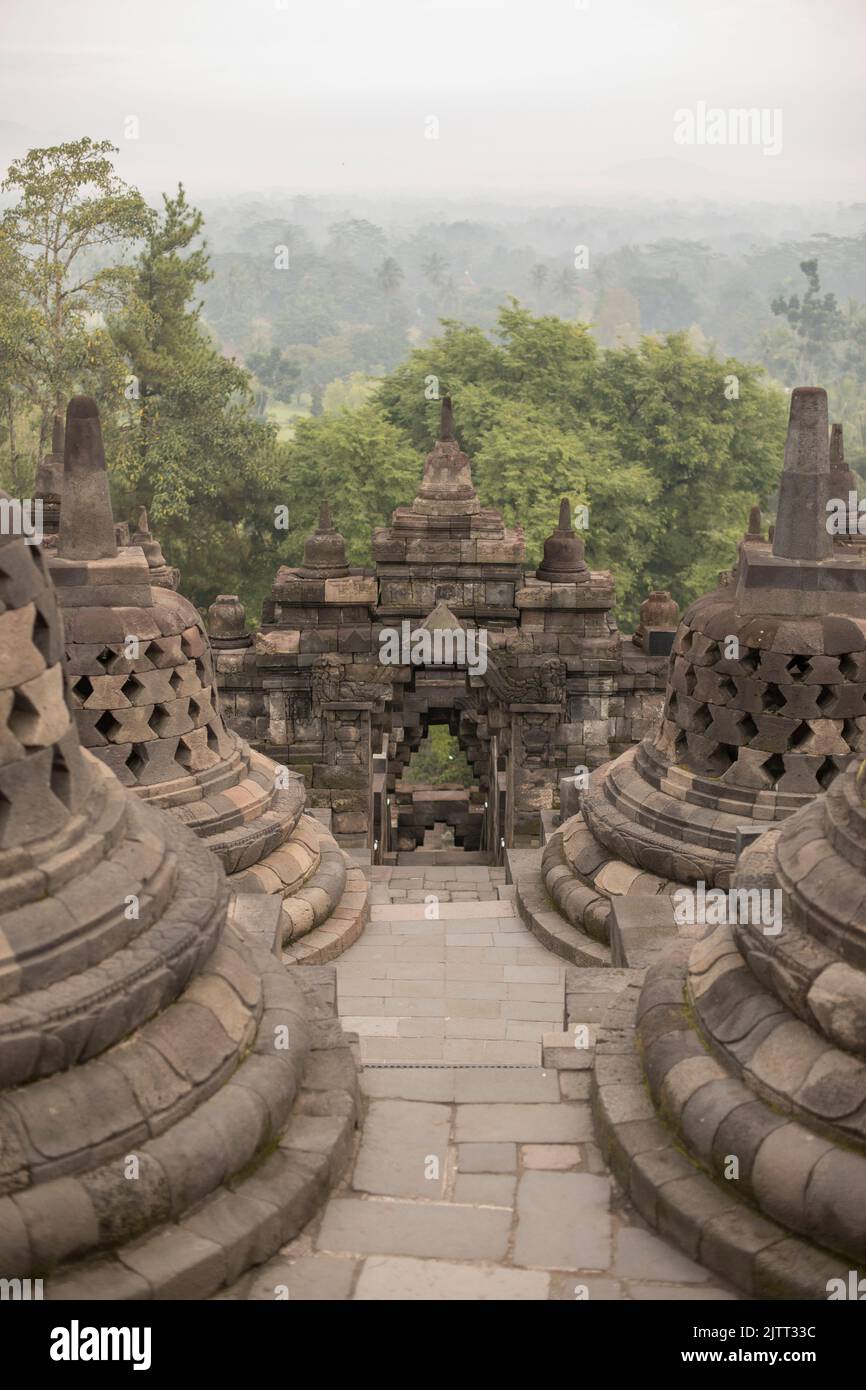 Stupas at the ancient Buddhist Borobudur Temple outside Jogjakarta ...