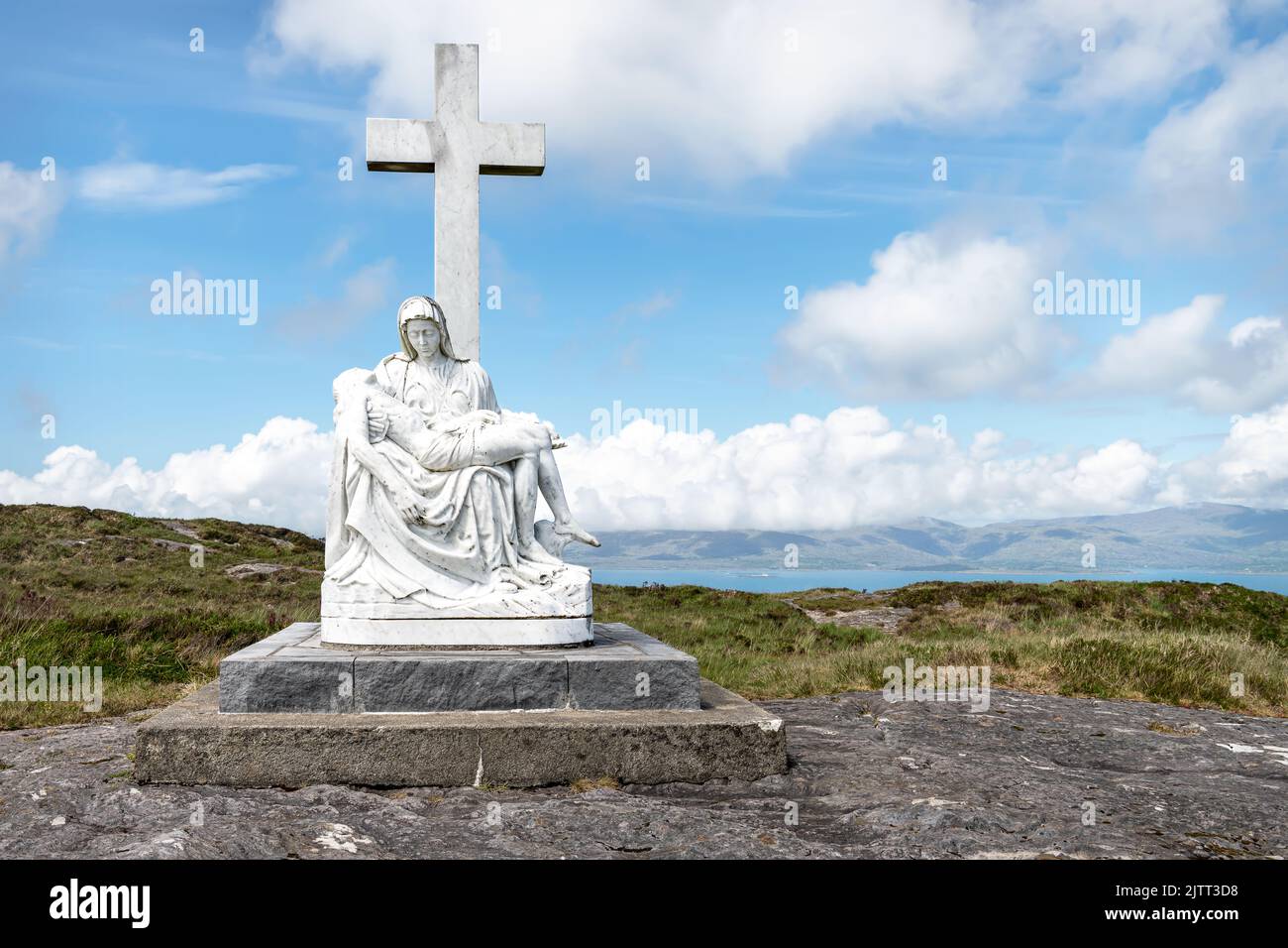 Pietà statue on the sheep's head peninsula at Seefin view point on the ...