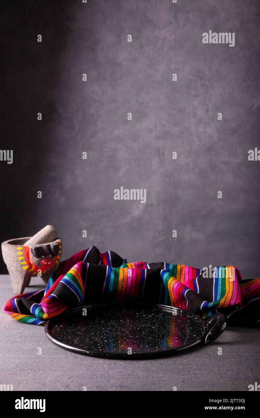 Mexican kitchen utensils, colorful traditional fabric, comal de peltre ...