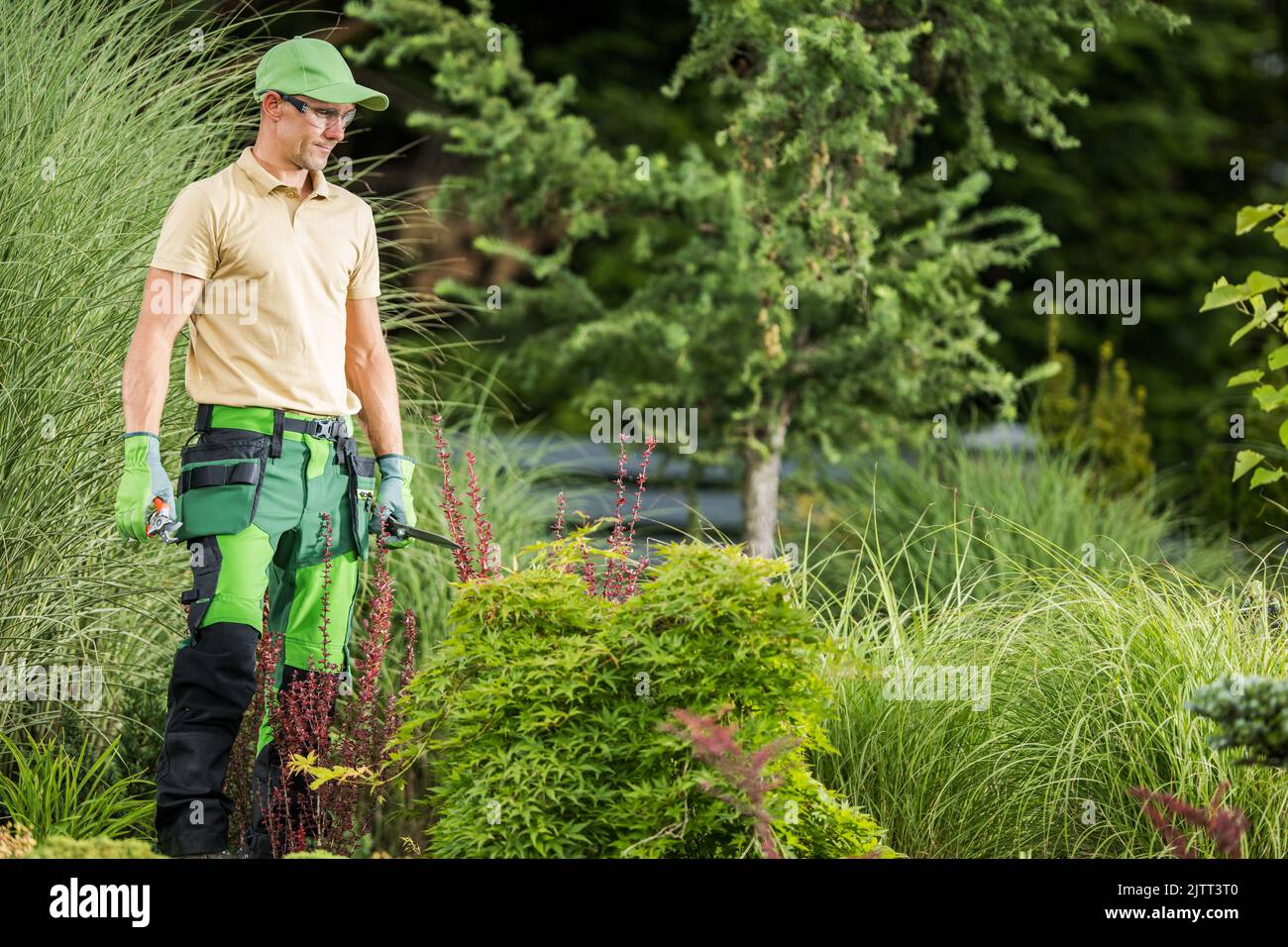 Caucasian Landscaper Standing Among Garden Plants with Garden Scissors ... Caucasian Landscaper Standing Among Garden Plants with Garden Scissors ...