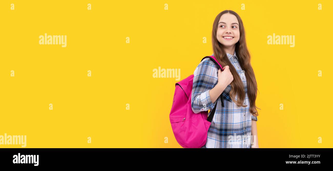 concept of education. kid in checkered shirt on yellow background ...