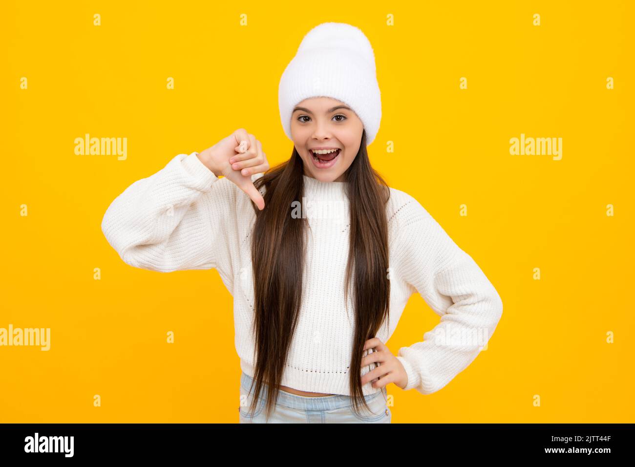 Teenager child girl point thumb herself. Choose me. Girl pointing at ...